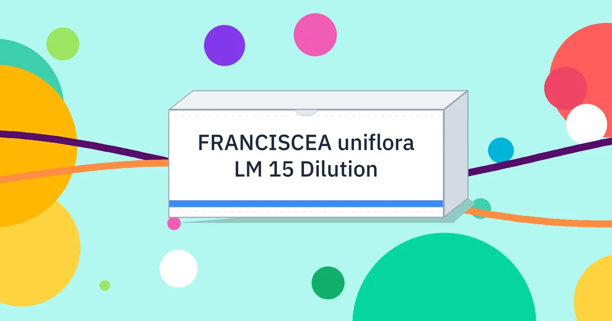 Symbolbild: Packung mit der Aufschrift FRANCISCEA uniflora LM 15 Dilution (PZN 13491169) – Verfügbarkeit und Bezug in Apotheken in Frankfurt am Main