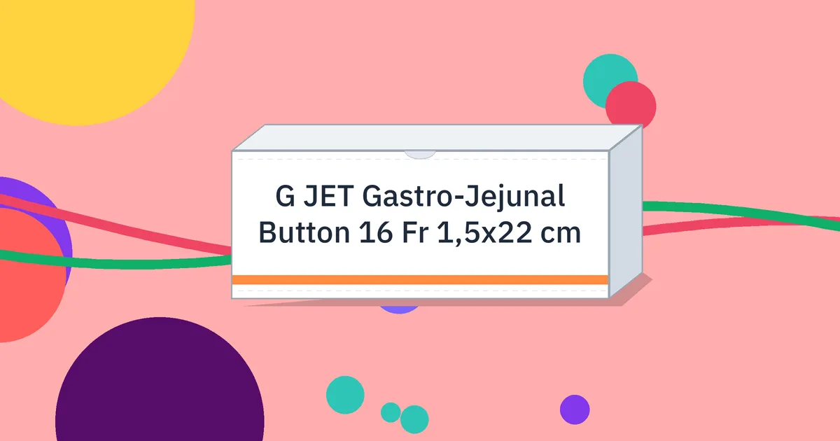 Symbolbild: Packung mit der Aufschrift G JET Gastro-Jejunal Button 16 Fr 1,5x22 cm (PZN 14346788) – Verfügbarkeit und Bezug in Apotheken in Frankfurt am Main