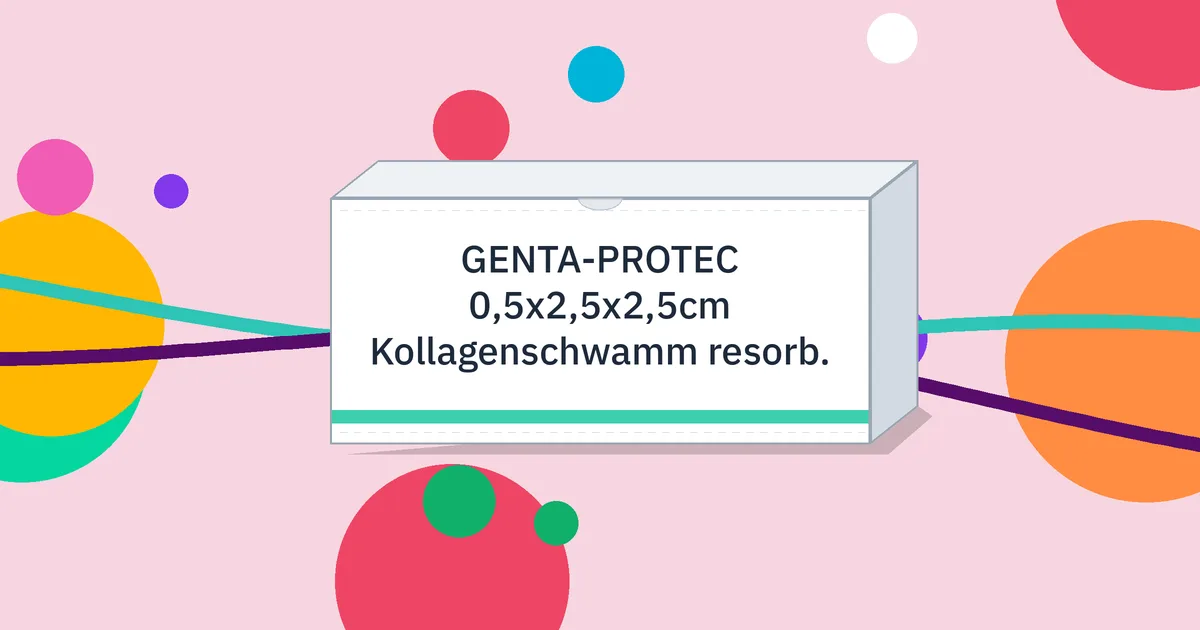 Symbolbild: Packung mit der Aufschrift GENTA-PROTEC 0,5x2,5x2,5cm Kollagenschwamm resorb. (PZN 18293356) – Verfügbarkeit und Bezug in Apotheken in Frankfurt am Main