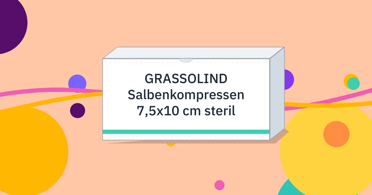 Symbolbild: Packung mit der Aufschrift GRASSOLIND Salbenkompressen 7,5x10 cm steril (PZN 18125110) – Verfügbarkeit und Bezug in Apotheken in Frankfurt am Main