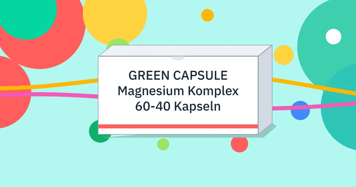 Symbolbild: Packung mit der Aufschrift GREEN CAPSULE Magnesium Komplex 60-40 Kapseln (PZN 18243128) – Verfügbarkeit und Bezug in Apotheken in Frankfurt am Main