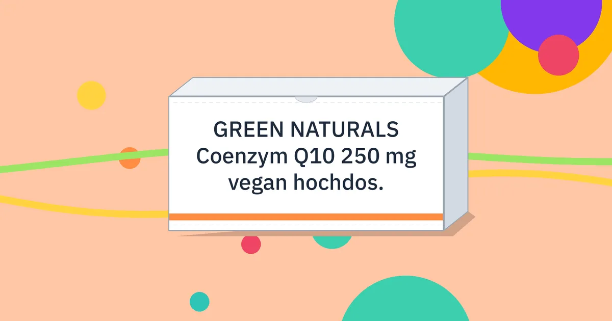 Symbolbild: Packung mit der Aufschrift GREEN NATURALS Coenzym Q10 250 mg vegan hochdos. (PZN 19483366) – Verfügbarkeit und Bezug in Apotheken in Frankfurt am Main