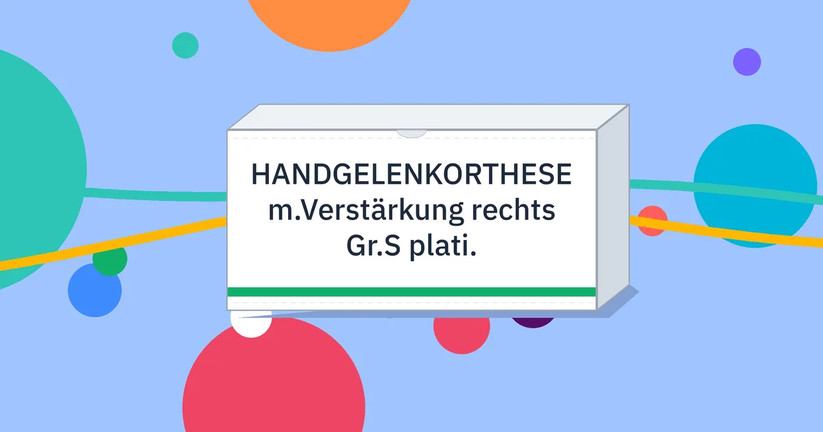 Symbolbild: Packung mit der Aufschrift HANDGELENKORTHESE m.Verstärkung rechts Gr.S plati. (PZN 13827244) – Verfügbarkeit und Bezug in Apotheken in Frankfurt am Main