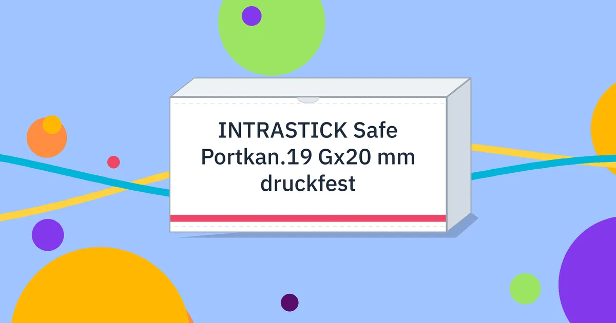Symbolbild: Packung mit der Aufschrift INTRASTICK Safe Portkan.19 Gx20 mm druckfest (PZN 09315001) – Verfügbarkeit und Bezug in Apotheken in Frankfurt am Main