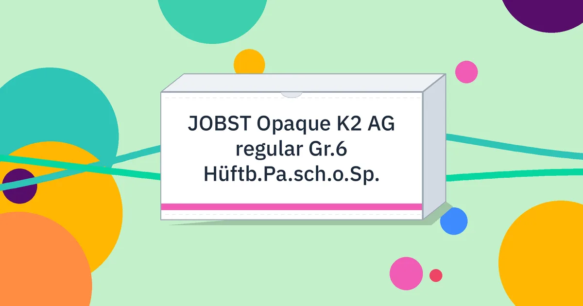 Symbolbild: Packung mit der Aufschrift JOBST Opaque K2 AG regular Gr.6 Hüftb.Pa.sch.o.Sp. (PZN 13117057) – Verfügbarkeit und Bezug in Apotheken in Frankfurt am Main
