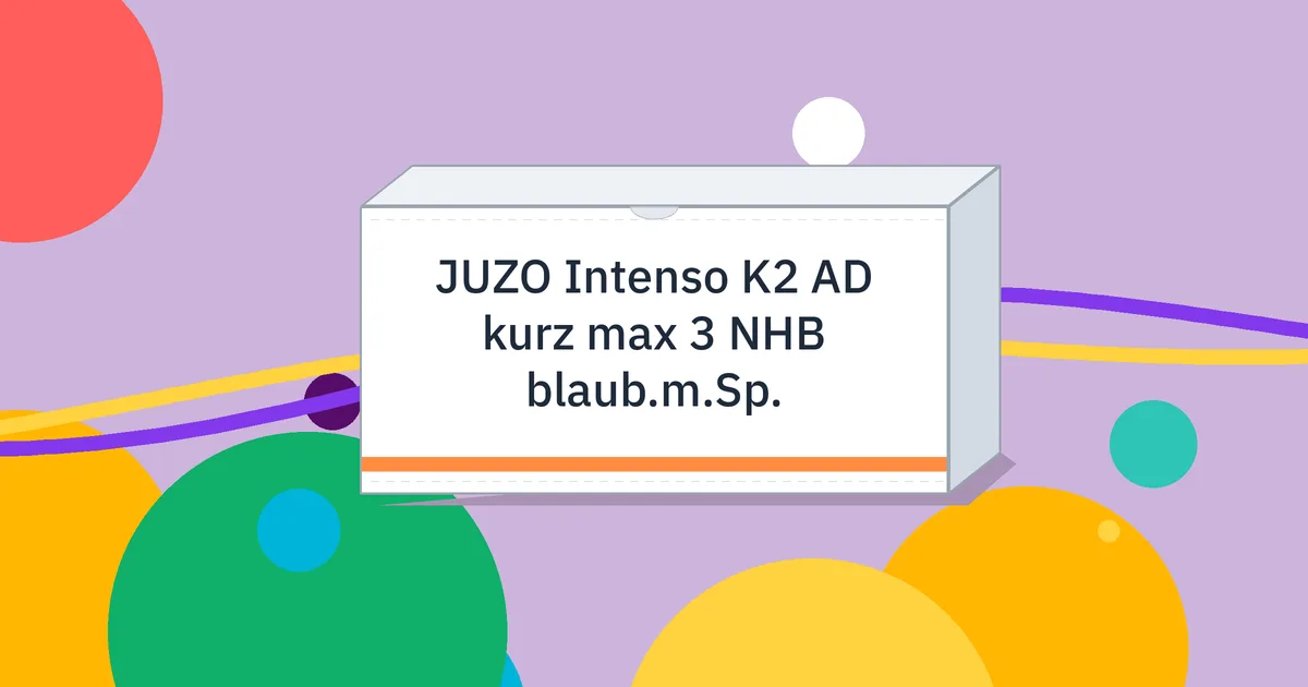 Symbolbild: Packung mit der Aufschrift JUZO Intenso K2 AD kurz max 3 NHB blaub.m.Sp. (PZN 18612229) – Verfügbarkeit und Bezug in Apotheken in Frankfurt am Main