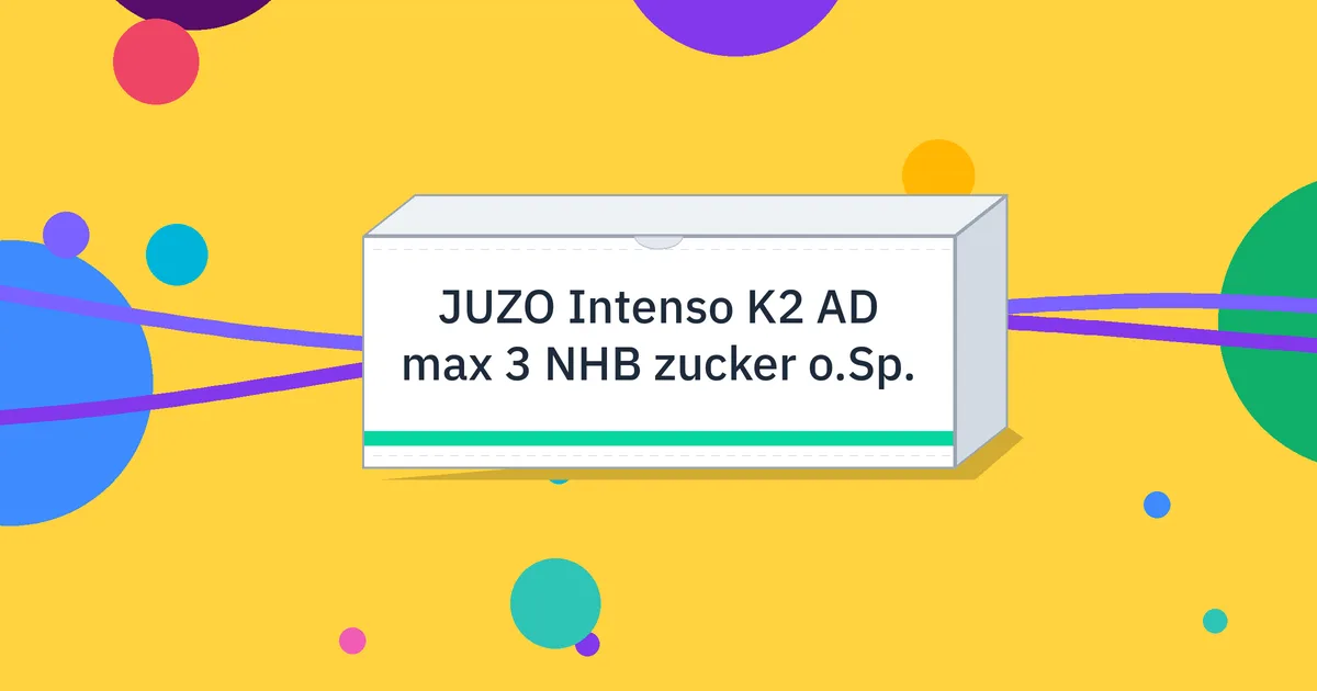 Symbolbild: Packung mit der Aufschrift JUZO Intenso K2 AD max 3 NHB zucker o.Sp. (PZN 18623032) – Verfügbarkeit und Bezug in Apotheken in Frankfurt am Main