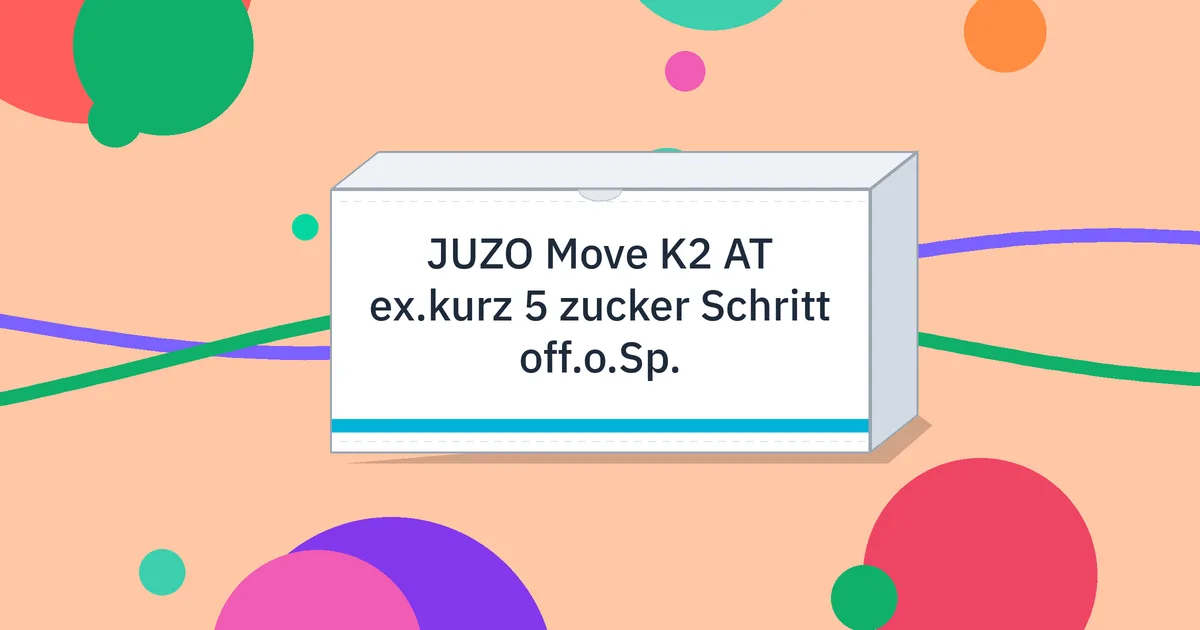 Symbolbild: Packung mit der Aufschrift JUZO Move K2 AT ex.kurz 5 zucker Schritt off.o.Sp. (PZN 20672606) – Verfügbarkeit und Bezug in Apotheken in Frankfurt am Main