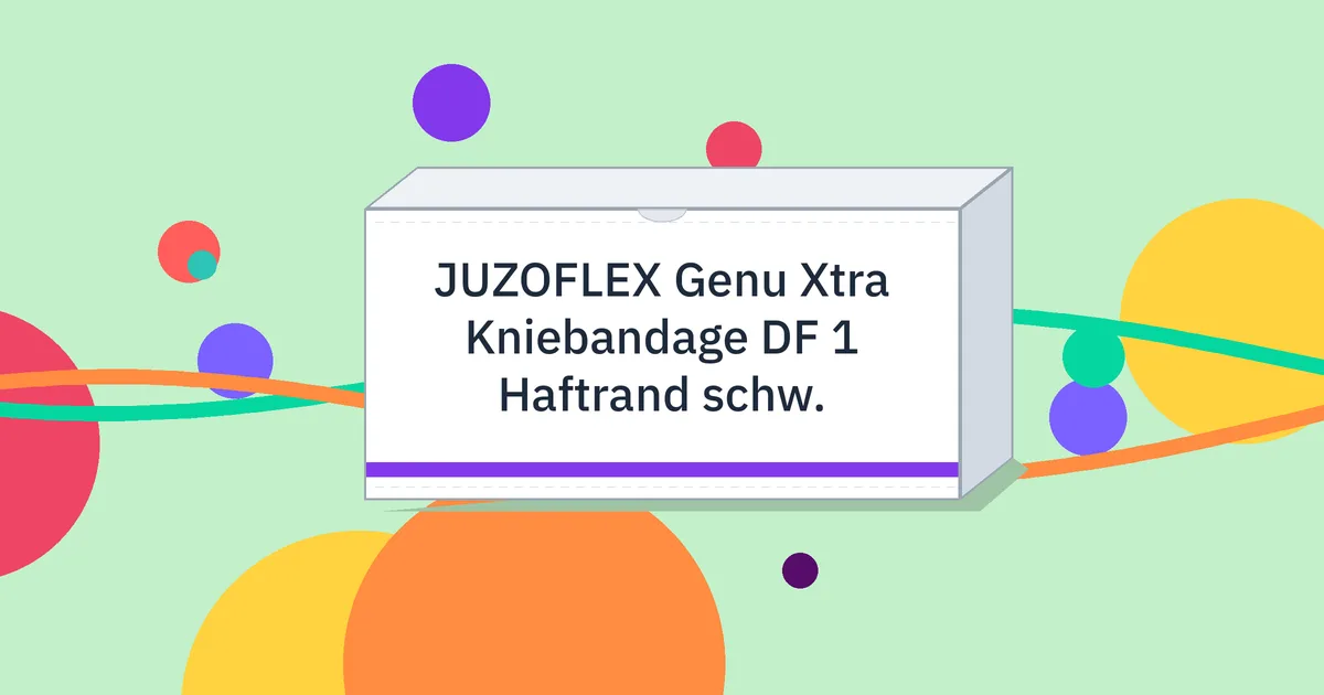 Symbolbild: Packung mit der Aufschrift JUZOFLEX Genu Xtra Kniebandage DF 1 Haftrand schw. (PZN 16497267) – Verfügbarkeit und Bezug in Apotheken in Frankfurt am Main