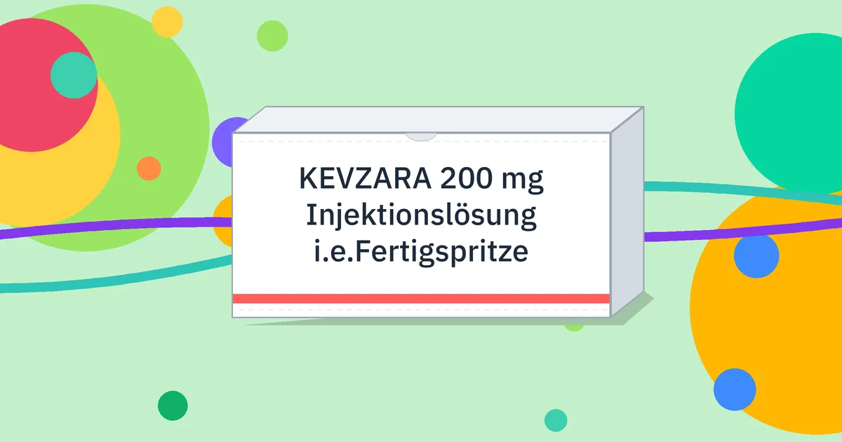 Symbolbild: Packung mit der Aufschrift KEVZARA 200 mg Injektionslösung i.e.Fertigspritze (PZN 13875912) – Verfügbarkeit und Bezug in Apotheken in Frankfurt am Main