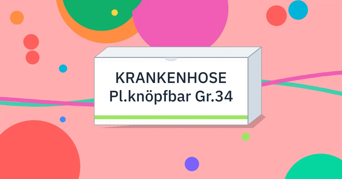 Symbolbild: Packung mit der Aufschrift KRANKENHOSE Pl.knöpfbar Gr.34 (PZN 01979517) – Verfügbarkeit und Bezug in Apotheken in Frankfurt am Main