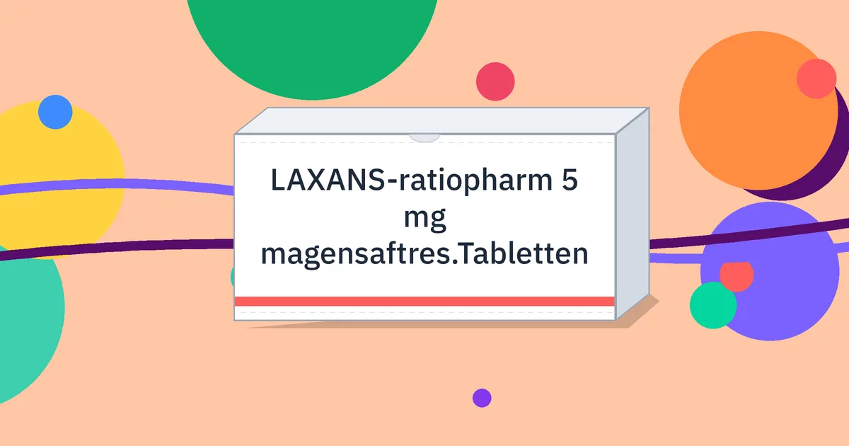 Symbolbild: Packung mit der Aufschrift LAXANS-ratiopharm 5 mg magensaftres.Tabletten (PZN 18214718) – Verfügbarkeit und Bezug in Apotheken in Frankfurt am Main