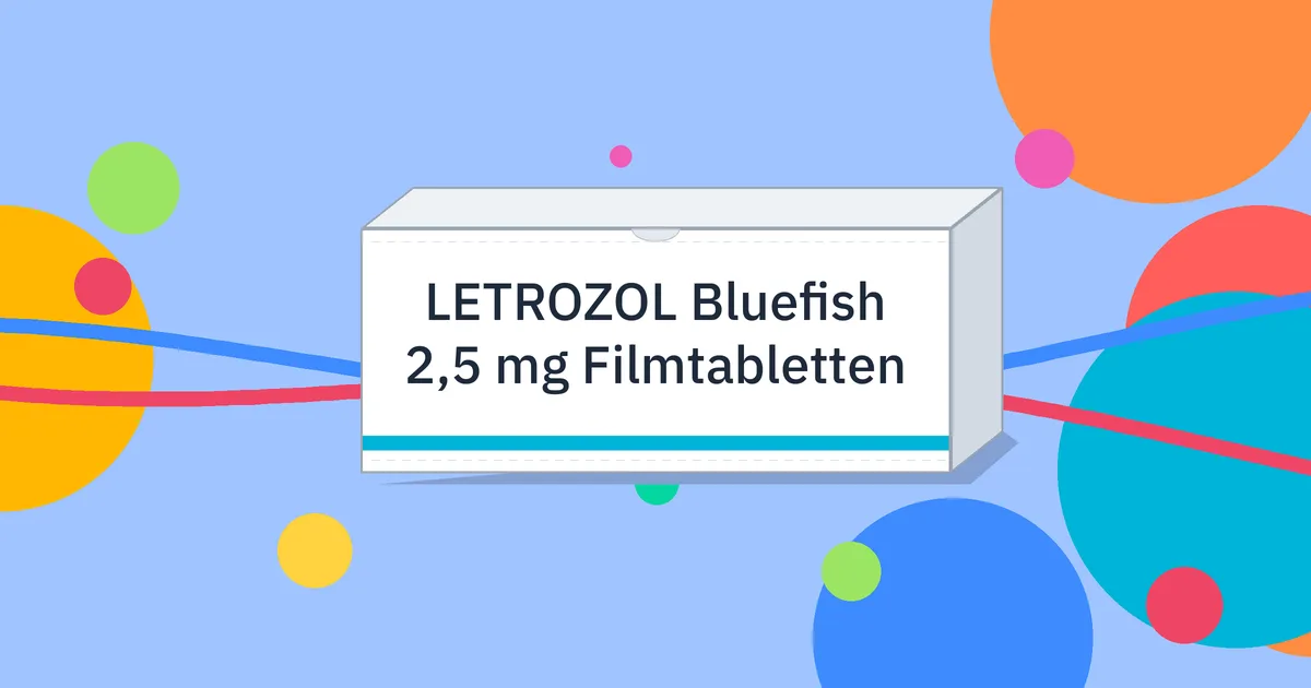 Symbolbild: Packung mit der Aufschrift LETROZOL Bluefish 2,5 mg Filmtabletten (PZN 08443145) – Verfügbarkeit und Bezug in Apotheken in Frankfurt am Main