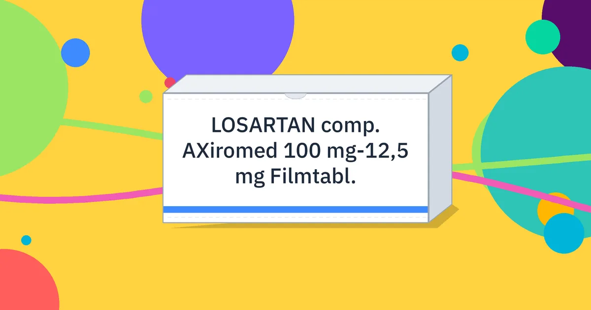 Symbolbild: Packung mit der Aufschrift LOSARTAN comp. AXiromed 100 mg-12,5 mg Filmtabl. (PZN 19836310) – Verfügbarkeit und Bezug in Apotheken in Frankfurt am Main