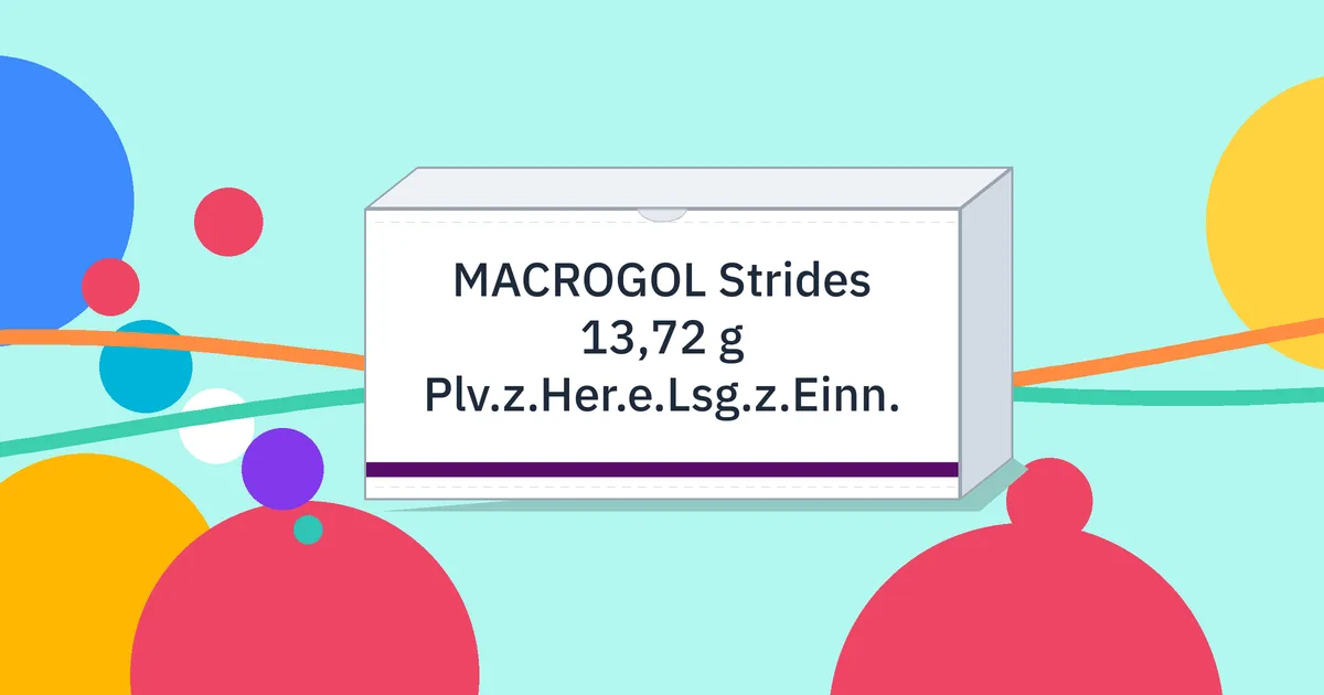 Symbolbild: Packung mit der Aufschrift MACROGOL Strides 13,72 g Plv.z.Her.e.Lsg.z.Einn. (PZN 15890548) – Verfügbarkeit und Bezug in Apotheken in Frankfurt am Main