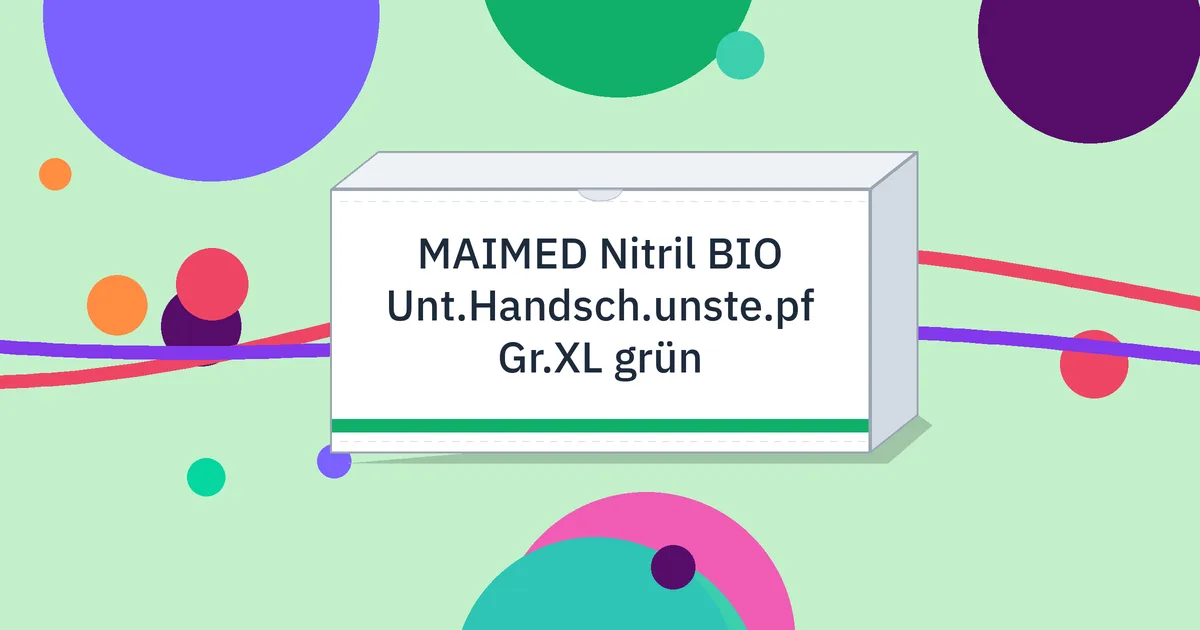 Symbolbild: Packung mit der Aufschrift MAIMED Nitril BIO Unt.Handsch.unste.pf Gr.XL grün (PZN 18446038) – Verfügbarkeit und Bezug in Apotheken in Frankfurt am Main