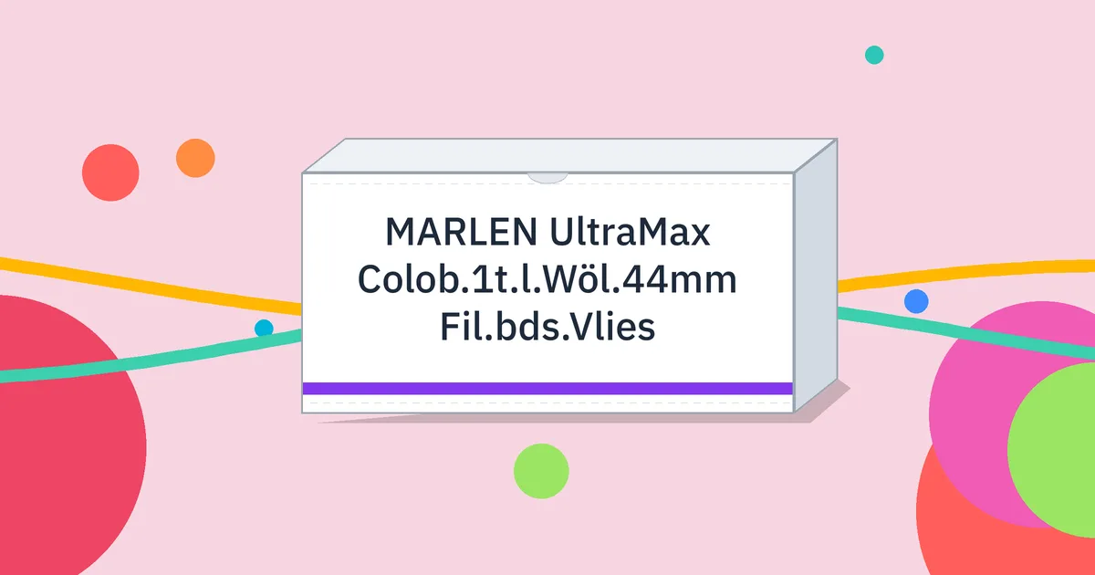 Symbolbild: Packung mit der Aufschrift MARLEN UltraMax Colob.1t.l.Wöl.44mm Fil.bds.Vlies (PZN 00625237) – Verfügbarkeit und Bezug in Apotheken in Frankfurt am Main