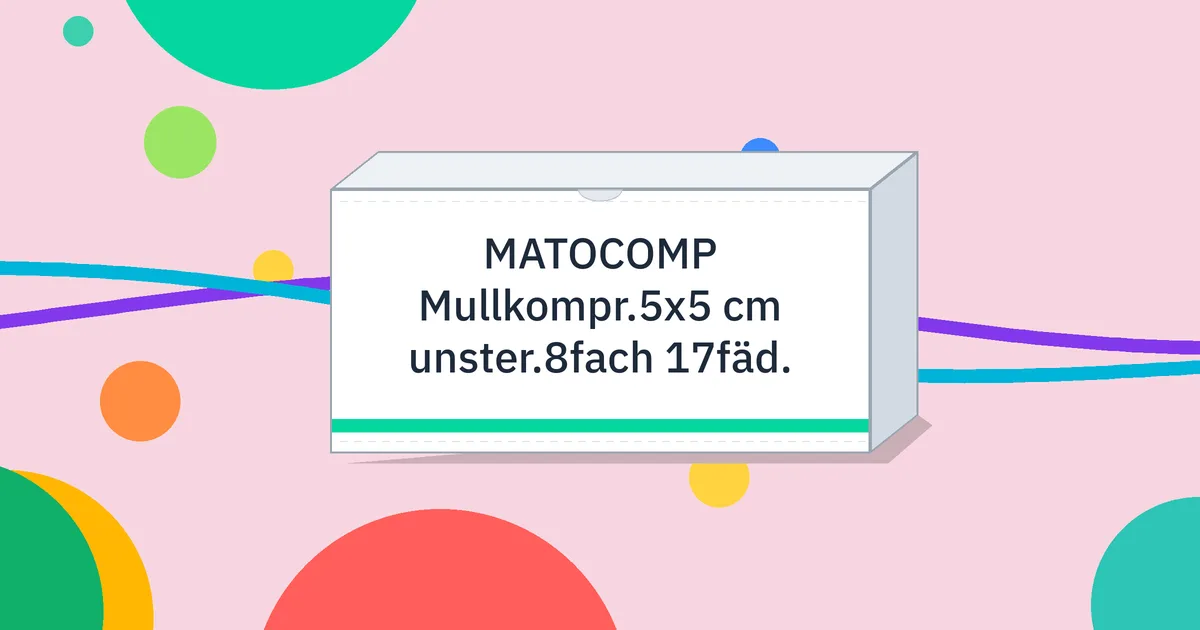 Symbolbild: Packung mit der Aufschrift MATOCOMP Mullkompr.5x5 cm unster.8fach 17fäd. (PZN 16327335) – Verfügbarkeit und Bezug in Apotheken in Frankfurt am Main