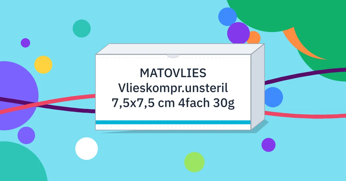 Symbolbild: Packung mit der Aufschrift MATOVLIES Vlieskompr.unsteril 7,5x7,5 cm 4fach 30g (PZN 00589820) – Verfügbarkeit und Bezug in Apotheken in Frankfurt am Main