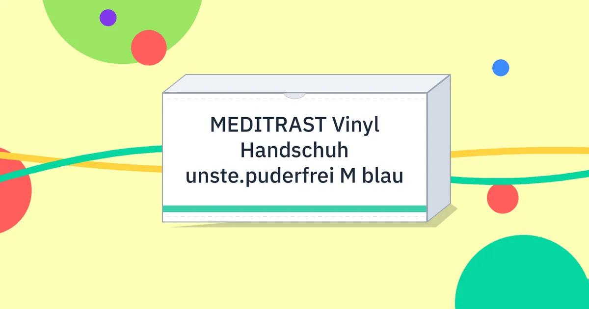 Symbolbild: Packung mit der Aufschrift MEDITRAST Vinyl Handschuh unste.puderfrei M blau (PZN 13511127) – Verfügbarkeit und Bezug in Apotheken in Frankfurt am Main