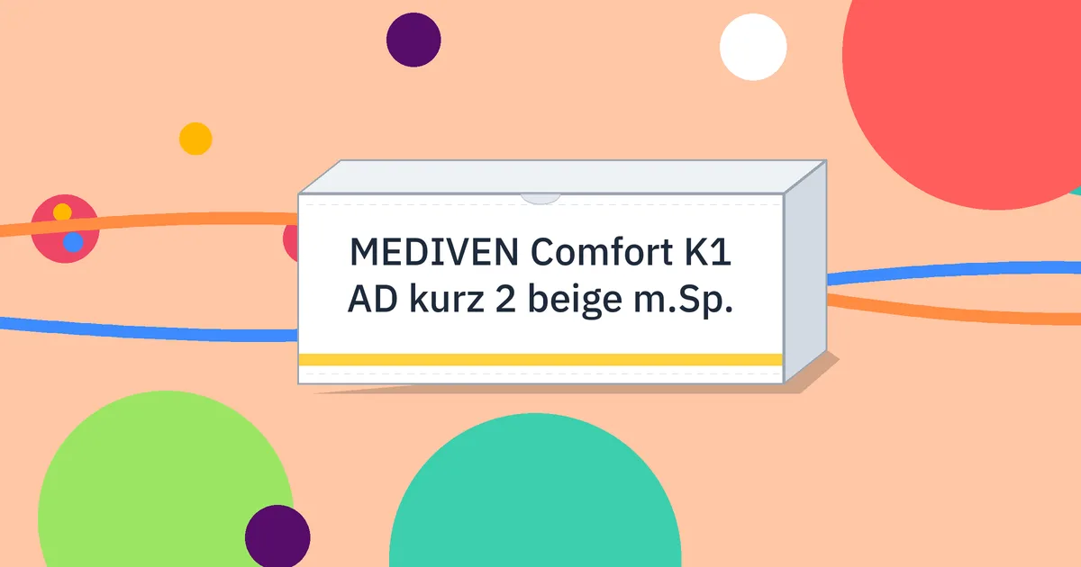 Symbolbild: Packung mit der Aufschrift MEDIVEN Comfort K1 AD kurz 2 beige m.Sp. (PZN 14563267) – Verfügbarkeit und Bezug in Apotheken in Frankfurt am Main