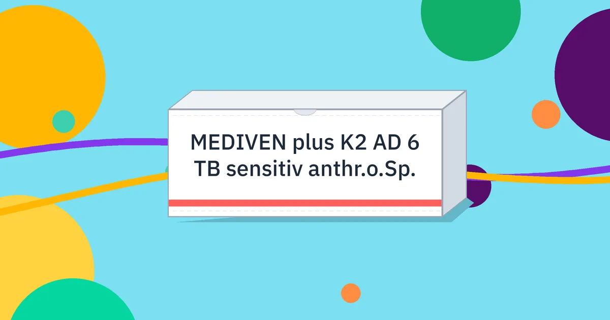 Symbolbild: Packung mit der Aufschrift MEDIVEN plus K2 AD 6 TB sensitiv anthr.o.Sp. (PZN 15104544) – Verfügbarkeit und Bezug in Apotheken in Frankfurt am Main