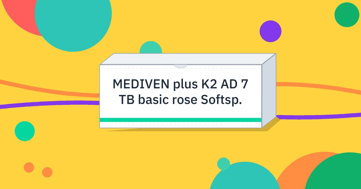 Symbolbild: Packung mit der Aufschrift MEDIVEN plus K2 AD 7 TB basic rose Softsp. (PZN 15094567) – Verfügbarkeit und Bezug in Apotheken in Frankfurt am Main