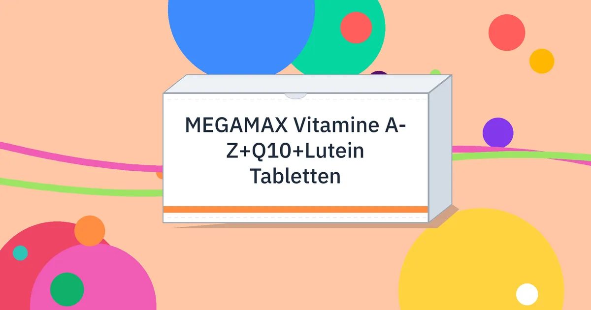 Symbolbild: Packung mit der Aufschrift MEGAMAX Vitamine A-Z+Q10+Lutein Tabletten (PZN 06411460) – Verfügbarkeit und Bezug in Apotheken in Frankfurt am Main