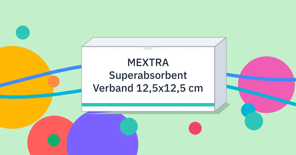 Symbolbild: Packung mit der Aufschrift MEXTRA Superabsorbent Verband 12,5x12,5 cm (PZN 17578341) – Verfügbarkeit und Bezug in Apotheken in Frankfurt am Main