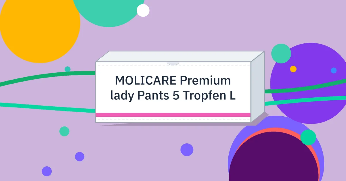 Symbolbild: Packung mit der Aufschrift MOLICARE Premium lady Pants 5 Tropfen L (PZN 18300808) – Verfügbarkeit und Bezug in Apotheken in Frankfurt am Main