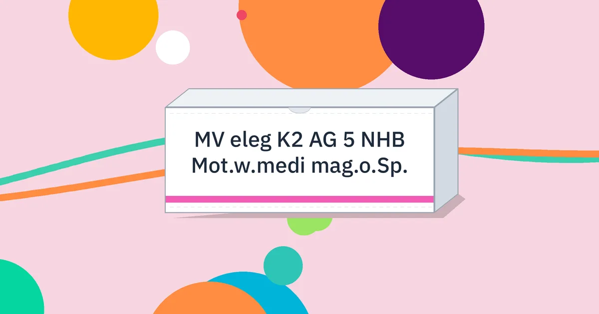Symbolbild: Packung mit der Aufschrift MV eleg K2 AG 5 NHB Mot.w.medi mag.o.Sp. (PZN 15726754) – Verfügbarkeit und Bezug in Apotheken in Frankfurt am Main
