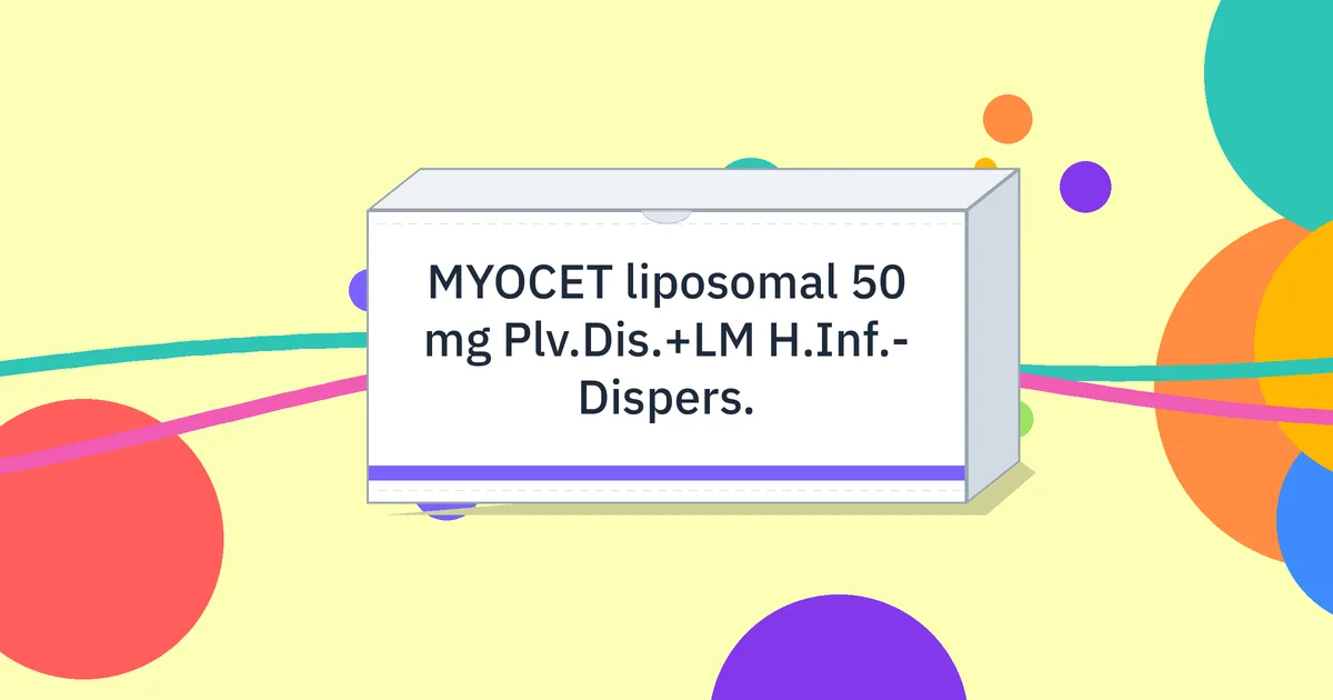 Symbolbild: Packung mit der Aufschrift MYOCET liposomal 50 mg Plv.Dis.+LM H.Inf.-Dispers. (PZN 16230541) – Verfügbarkeit und Bezug in Apotheken in Frankfurt am Main