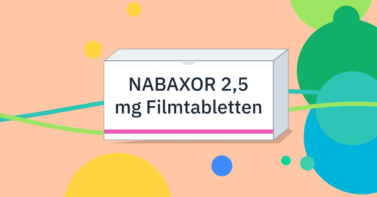 Symbolbild: Packung mit der Aufschrift NABAXOR 2,5 mg Filmtabletten (PZN 19298657) – Verfügbarkeit und Bezug in Apotheken in Frankfurt am Main