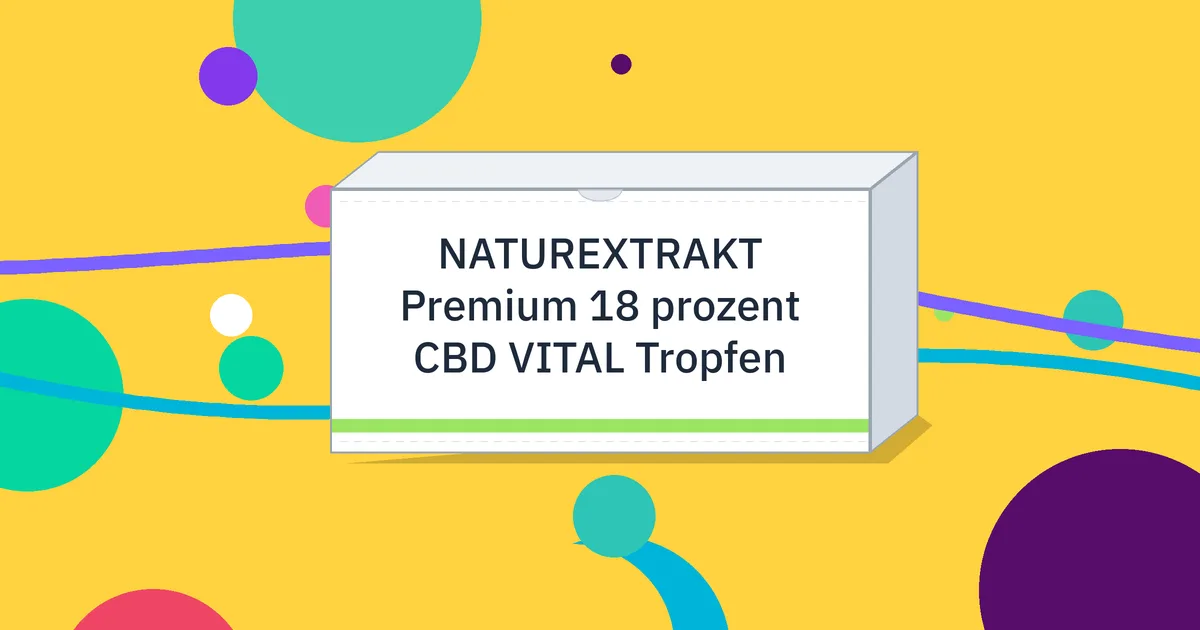 Symbolbild: Packung mit der Aufschrift NATUREXTRAKT Premium 18 prozent CBD VITAL Tropfen (PZN 16892302) – Verfügbarkeit und Bezug in Apotheken in Frankfurt am Main