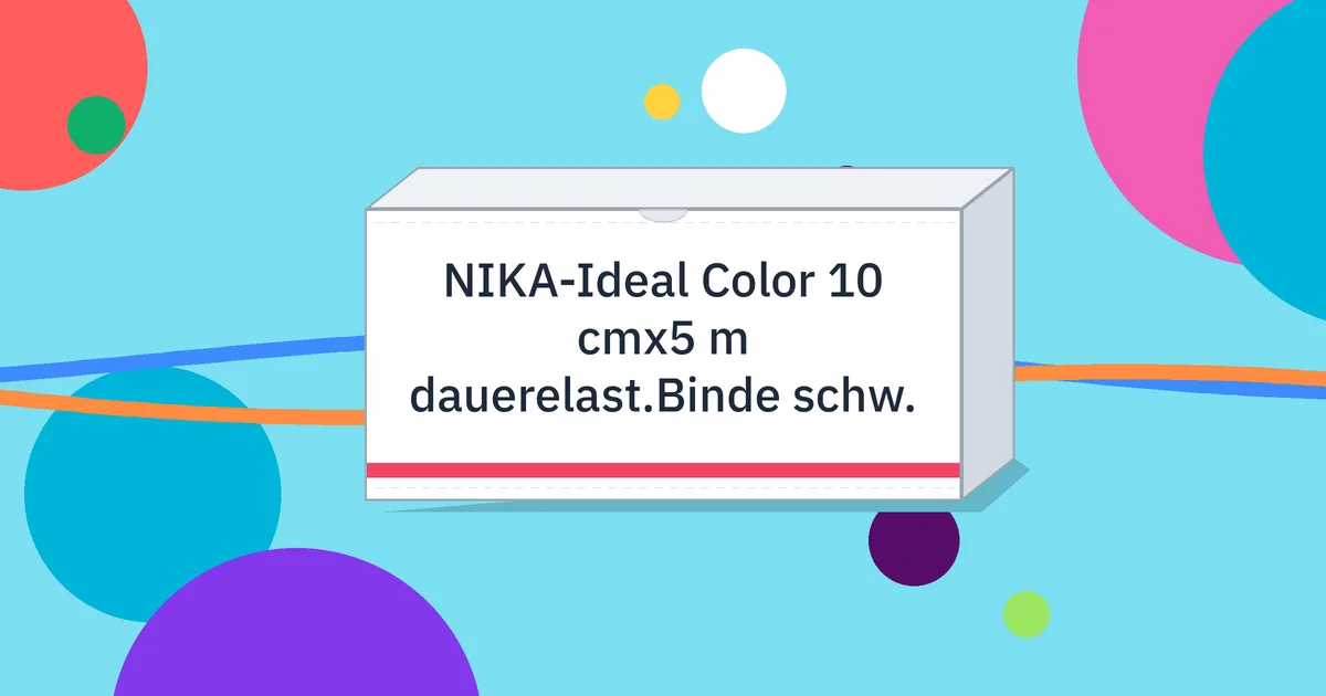 Symbolbild: Packung mit der Aufschrift NIKA-Ideal Color 10 cmx5 m dauerelast.Binde schw. (PZN 14236137) – Verfügbarkeit und Bezug in Apotheken in Frankfurt am Main