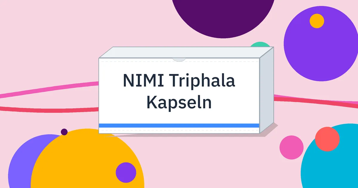 Symbolbild: Packung mit der Aufschrift NIMI Triphala Kapseln (PZN 14234902) – Verfügbarkeit und Bezug in Apotheken in Frankfurt am Main