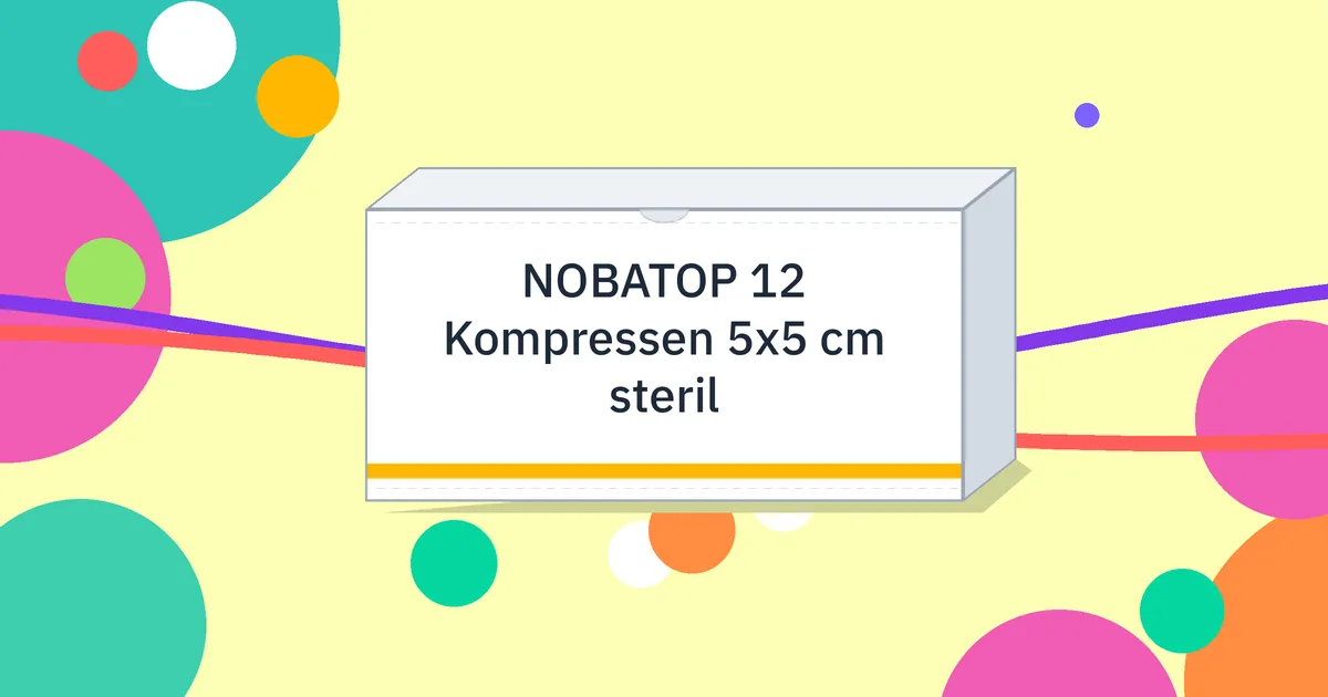 Symbolbild: Packung mit der Aufschrift NOBATOP 12 Kompressen 5x5 cm steril (PZN 07385693) – Verfügbarkeit und Bezug in Apotheken in Frankfurt am Main
