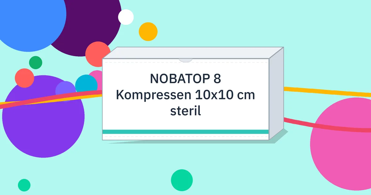 Symbolbild: Packung mit der Aufschrift NOBATOP 8 Kompressen 10x10 cm steril (PZN 07385635) – Verfügbarkeit und Bezug in Apotheken in Frankfurt am Main
