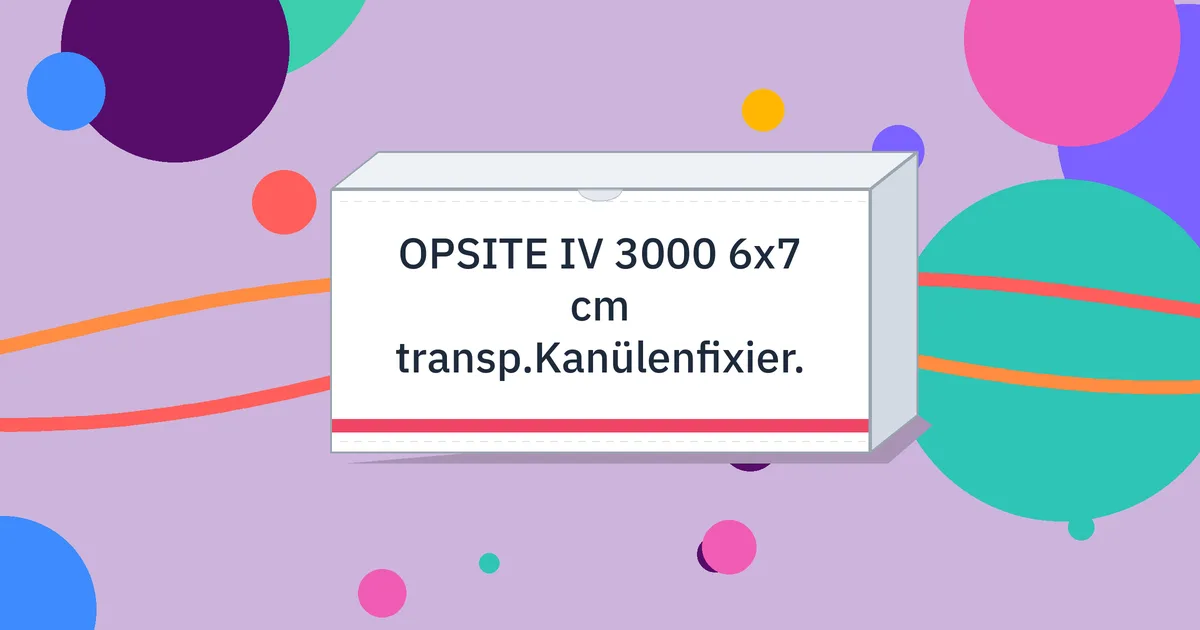 Symbolbild: Packung mit der Aufschrift OPSITE IV 3000 6x7 cm transp.Kanülenfixier. (PZN 19768979) – Verfügbarkeit und Bezug in Apotheken in Frankfurt am Main