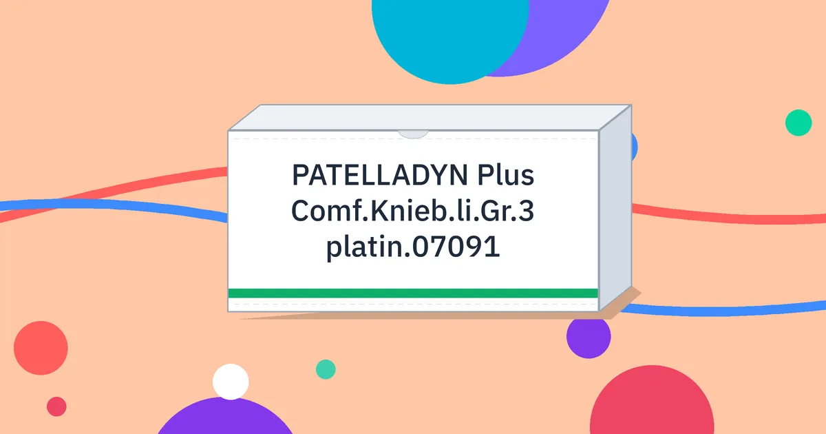 Symbolbild: Packung mit der Aufschrift PATELLADYN Plus Comf.Knieb.li.Gr.3 platin.07091 (PZN 18904535) – Verfügbarkeit und Bezug in Apotheken in Frankfurt am Main