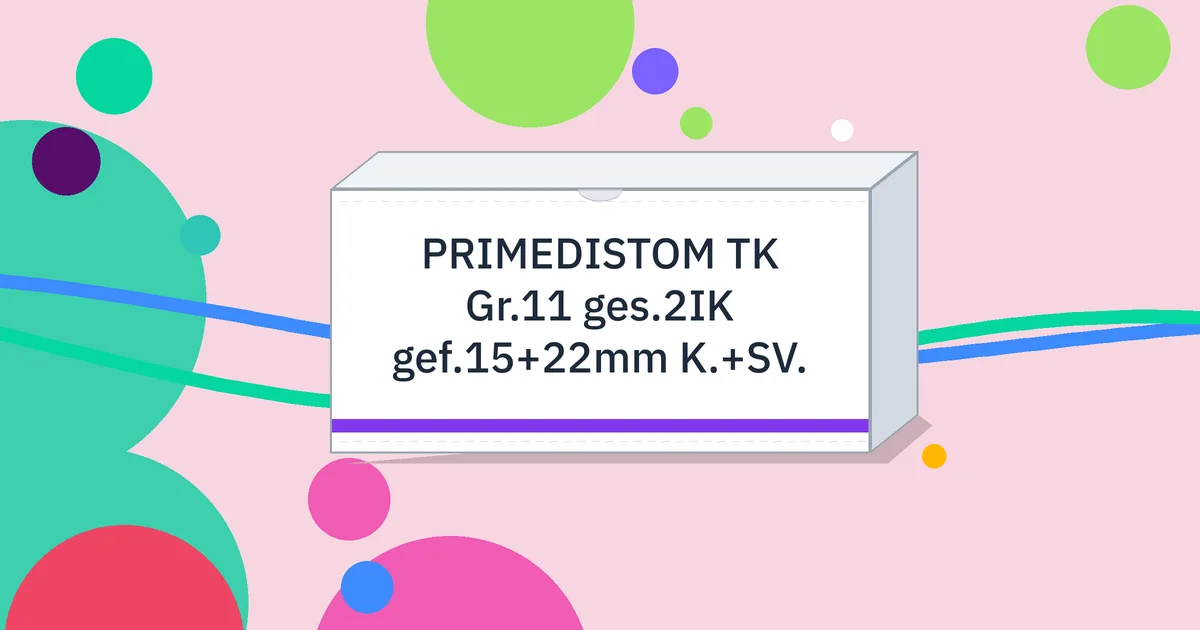 Symbolbild: Packung mit der Aufschrift PRIMEDISTOM TK Gr.11 ges.2IK gef.15+22mm K.+SV. (PZN 10928393) – Verfügbarkeit und Bezug in Apotheken in Frankfurt am Main