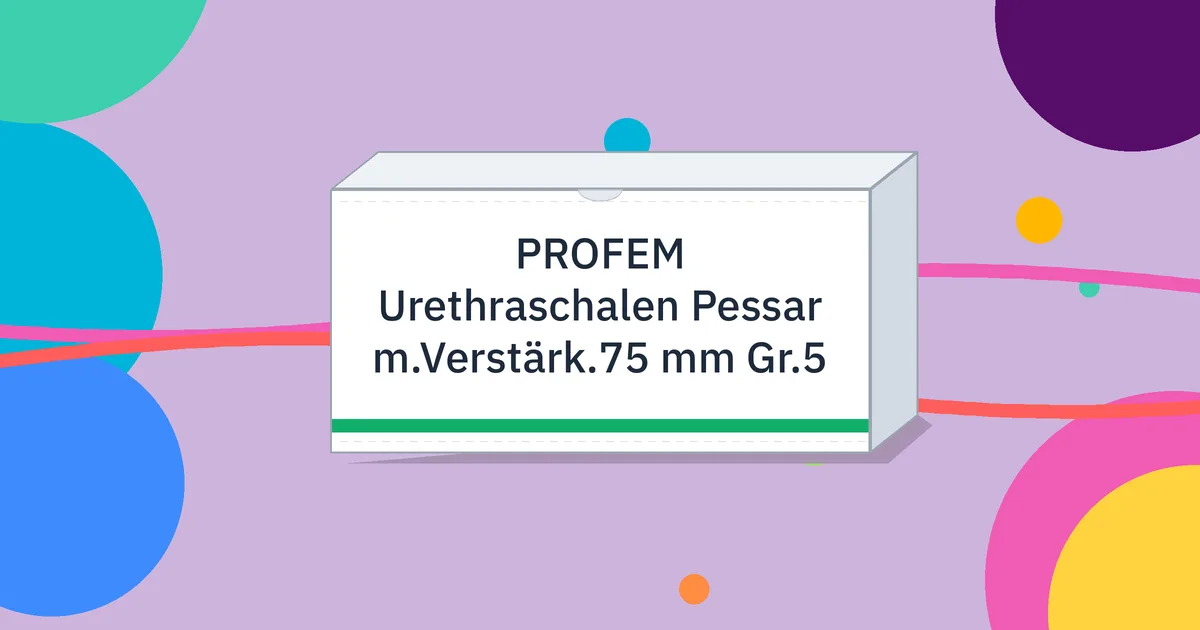 Symbolbild: Packung mit der Aufschrift PROFEM Urethraschalen Pessar m.Verstärk.75 mm Gr.5 (PZN 11672754) – Verfügbarkeit und Bezug in Apotheken in Frankfurt am Main