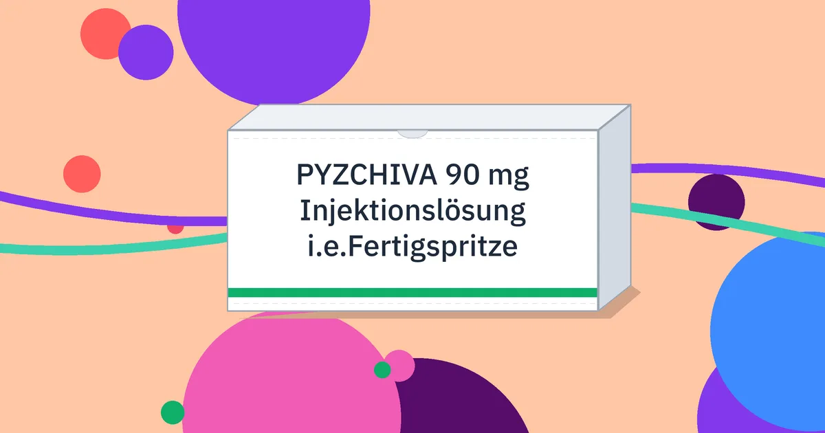 Symbolbild: Packung mit der Aufschrift PYZCHIVA 90 mg Injektionslösung i.e.Fertigspritze (PZN 19965421) – Verfügbarkeit und Bezug in Apotheken in Frankfurt am Main