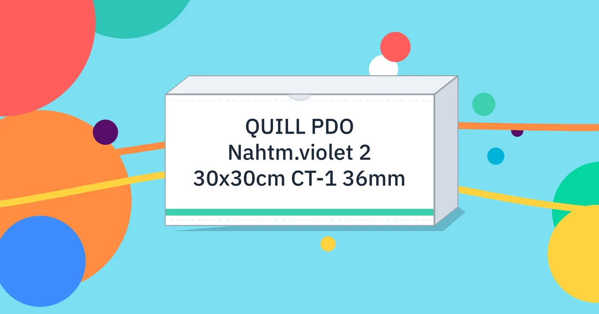 Symbolbild: Packung mit der Aufschrift QUILL PDO Nahtm.violet 2 30x30cm CT-1 36mm (PZN 17989647) – Verfügbarkeit und Bezug in Apotheken in Frankfurt am Main