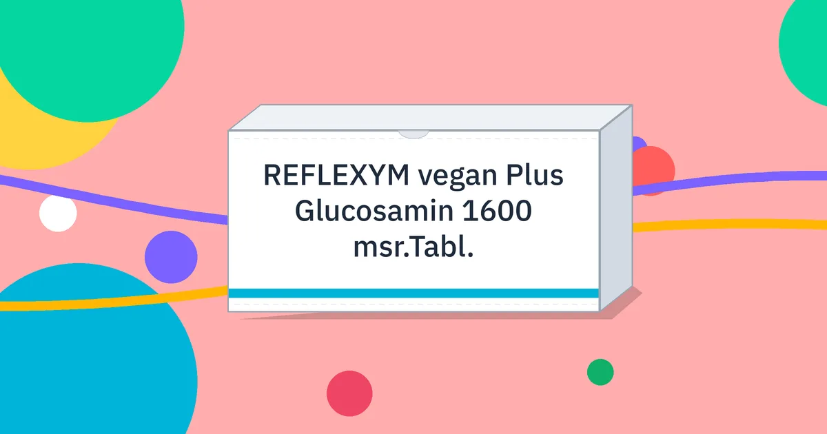 Symbolbild: Packung mit der Aufschrift REFLEXYM vegan Plus Glucosamin 1600 msr.Tabl. (PZN 19227829) – Verfügbarkeit und Bezug in Apotheken in Frankfurt am Main