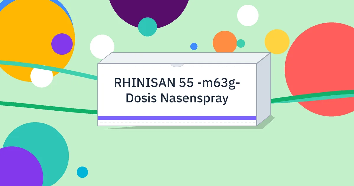 Symbolbild: Packung mit der Aufschrift RHINISAN 55 -m63g-Dosis Nasenspray (PZN 01453927) – Verfügbarkeit und Bezug in Apotheken in Frankfurt am Main