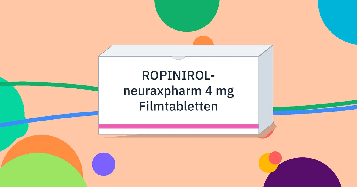 Symbolbild: Packung mit der Aufschrift ROPINIROL-neuraxpharm 4 mg Filmtabletten (PZN 00571613) – Verfügbarkeit und Bezug in Apotheken in Frankfurt am Main