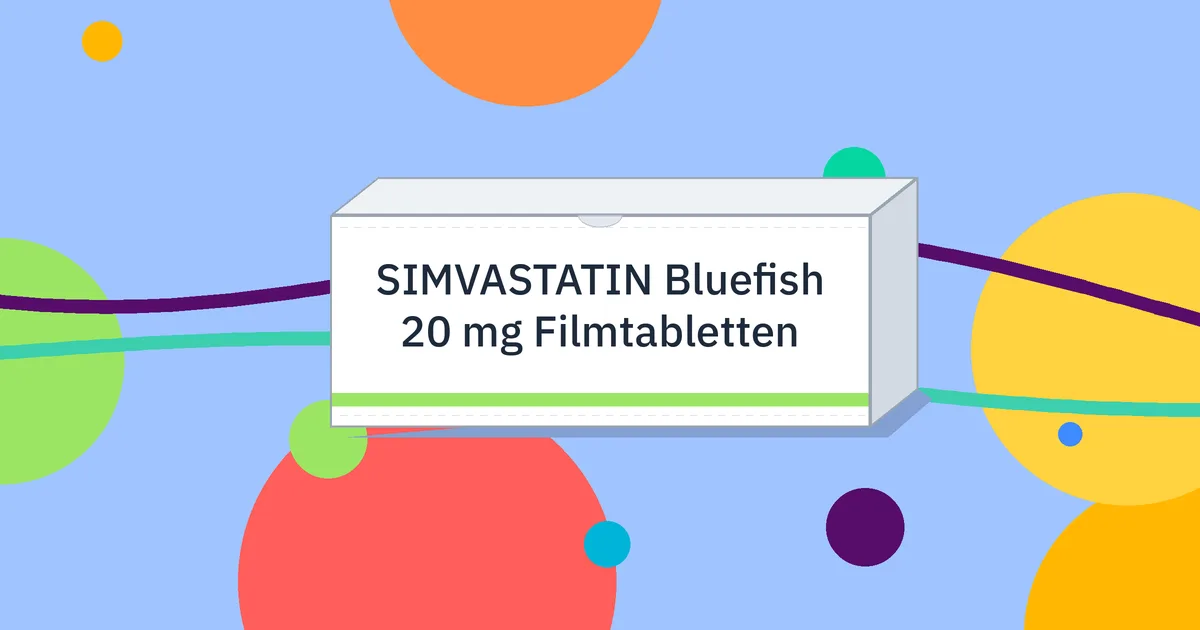 Symbolbild: Packung mit der Aufschrift SIMVASTATIN Bluefish 20 mg Filmtabletten (PZN 05378312) – Verfügbarkeit und Bezug in Apotheken in Frankfurt am Main