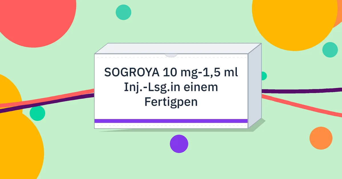 Symbolbild: Packung mit der Aufschrift SOGROYA 10 mg-1,5 ml Inj.-Lsg.in einem Fertigpen (PZN 20195201) – Verfügbarkeit und Bezug in Apotheken in Frankfurt am Main