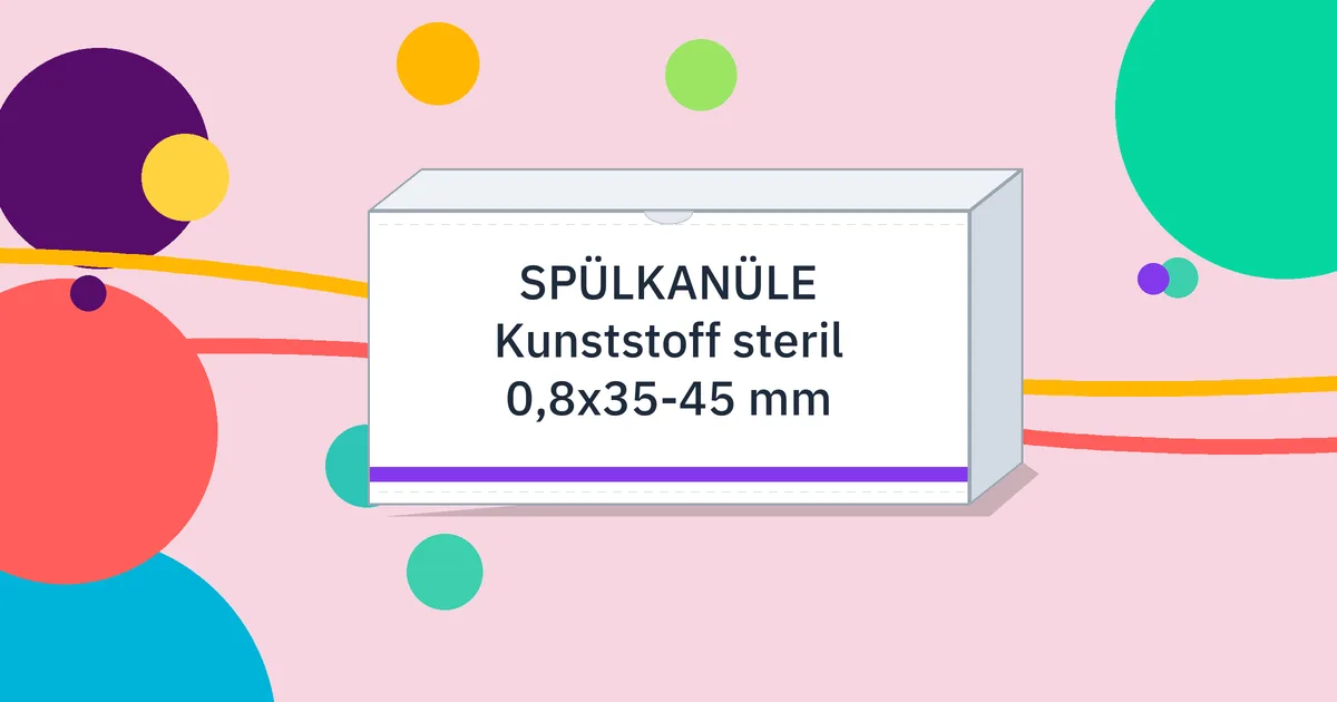Symbolbild: Packung mit der Aufschrift SPÜLKANÜLE Kunststoff steril 0,8x35-45 mm (PZN 19988215) – Verfügbarkeit und Bezug in Apotheken in Frankfurt am Main
